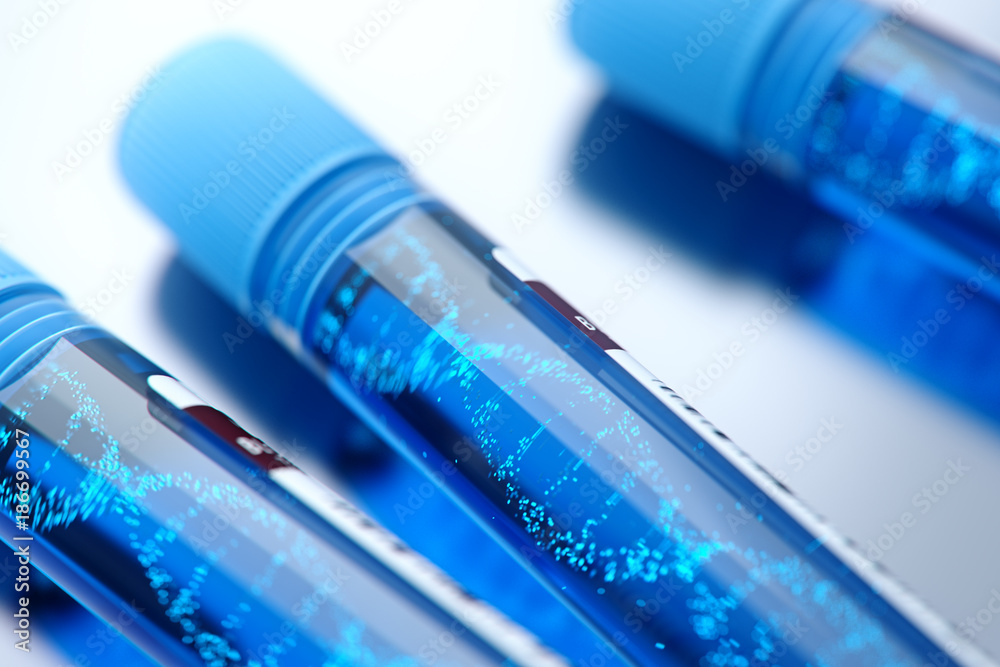 Molecule of DNA forming inside the test tube equipment.3d rendering ...