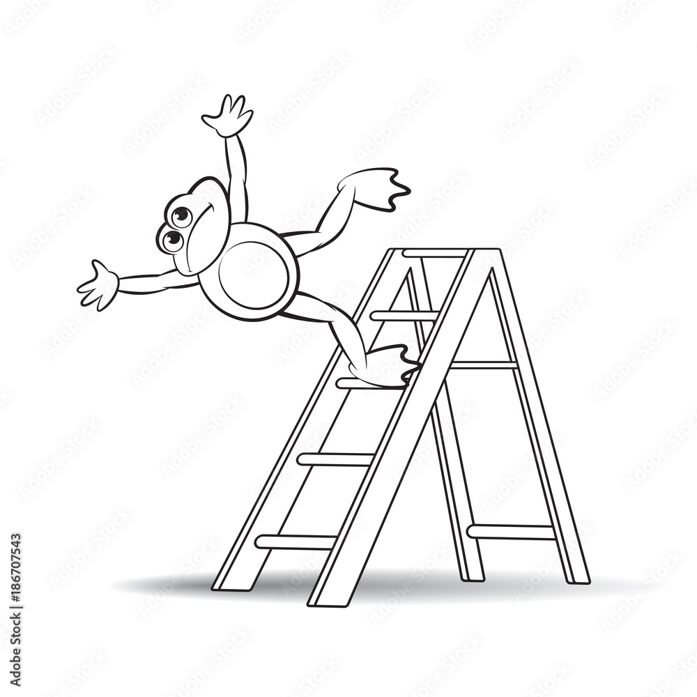 black outline frog cartoon or mascot falling down from ladder vector ...