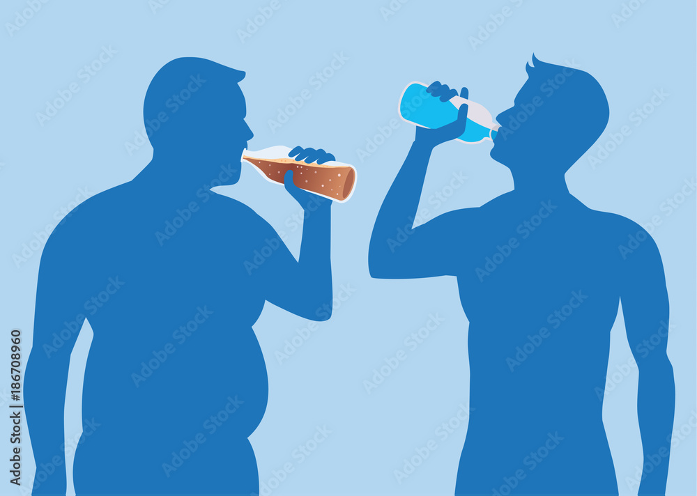 Silhouette Fat Man drink soda but healthy man drink pure water ...