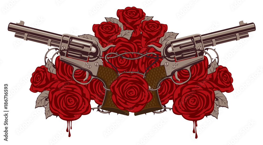 Vector illustration with two big old revolvers, red roses and barbed ...
