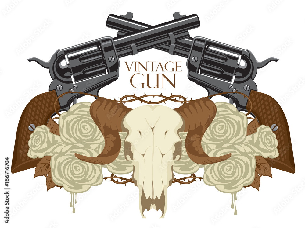 Vector emblem with skull of sheep, white roses, big old revolvers and ...