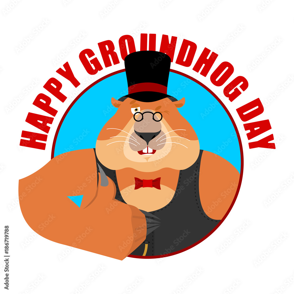 Groundhog day emblem. Groundhog in hat thumbs up and winks. Woodchuck ...