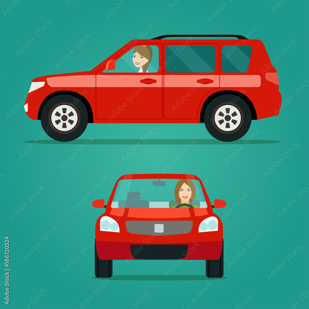Red car two angle set. Car with driver woman side view and front view ...