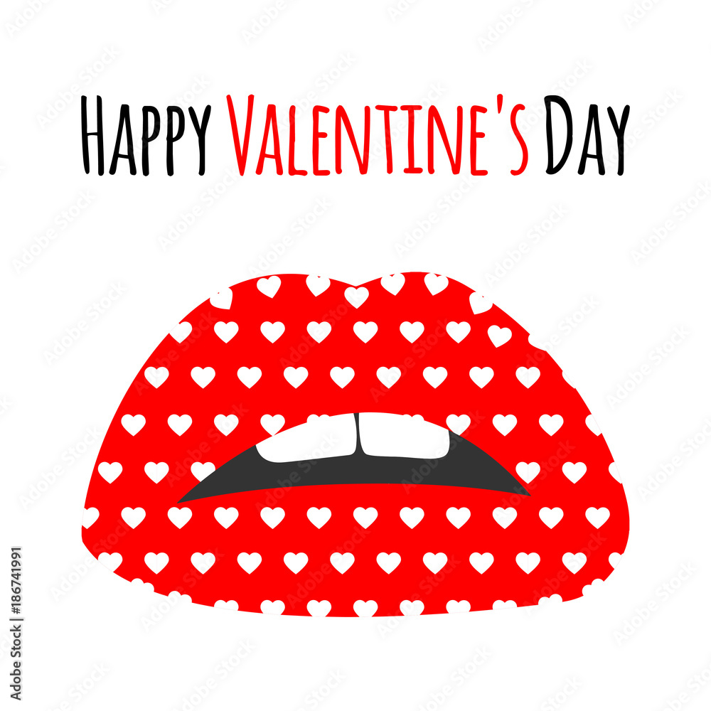 Red lips with pattern print of white hearts. Happy Valentine's Day ...
