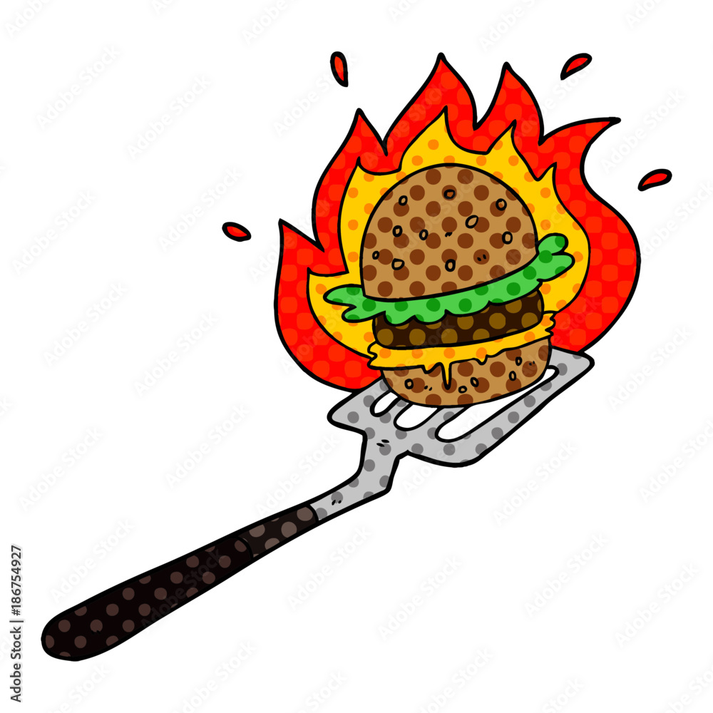 cartoon flaming burger on spatula Stock Vector | Adobe Stock