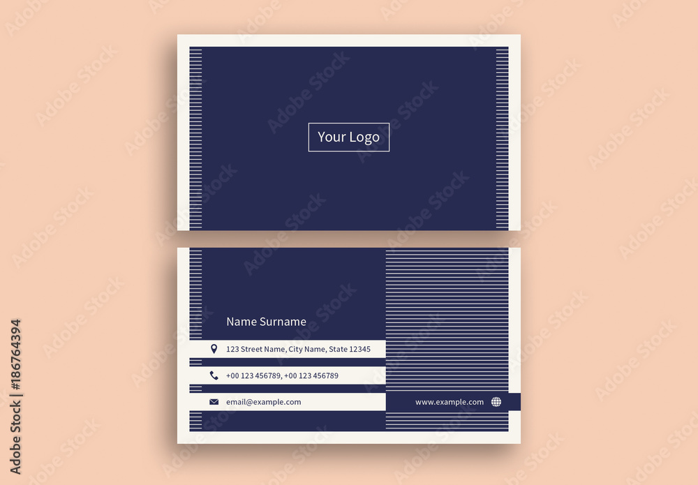 Navy Blue Business Card Layout with White Stripes Stock Template ...