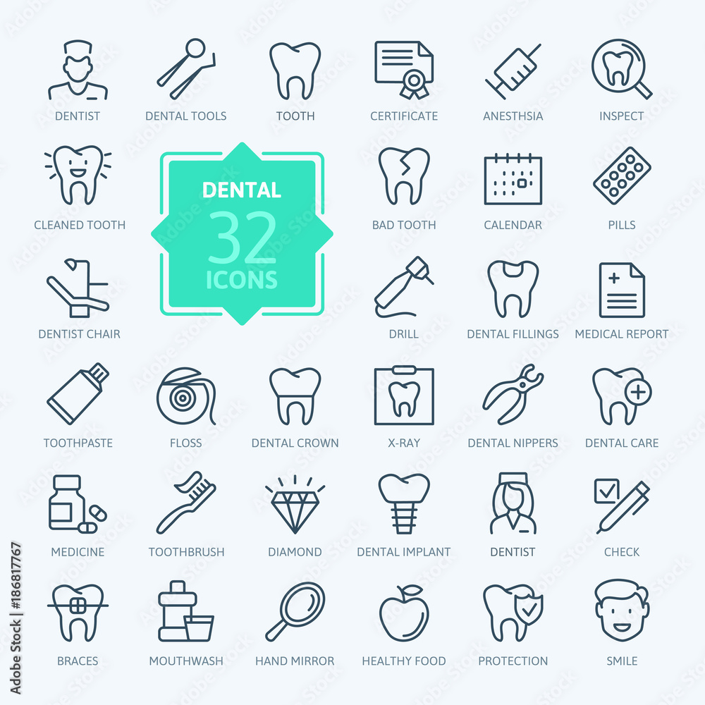 Dental - outline icon set, vector, simple thin line icons collection Stock Vector | Adobe Stock