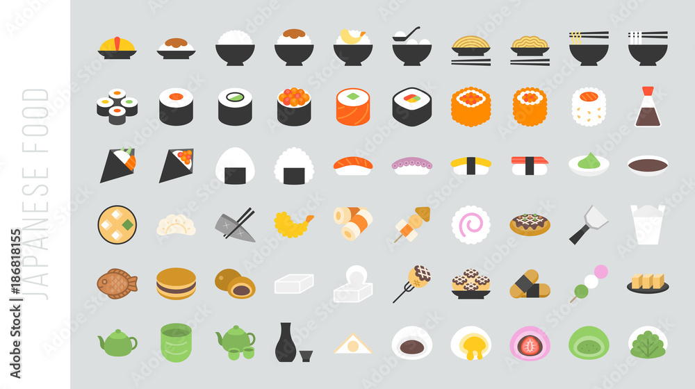 Big set of japanese food and beverage flat icon sushi, yakisoba ...