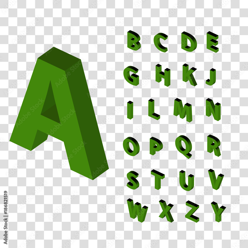 Green with dark green Isometric 3d font, three-dimensional alphabet ...