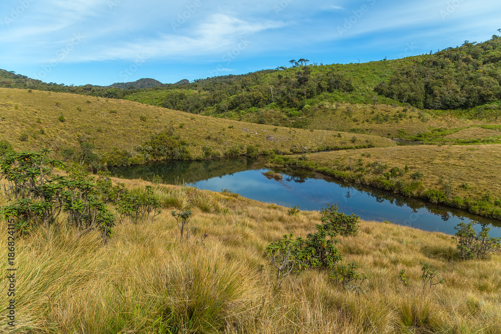 lake from small river, Horton Plains National Park highlands of Sri ...