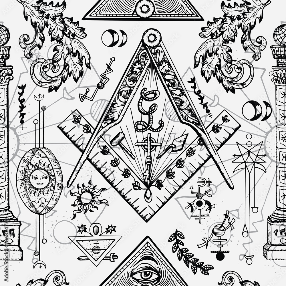 Seamless background with mason and mysterious symbols. Freemasonry and ...