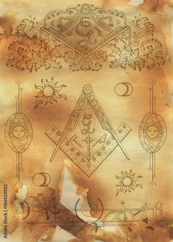 Scrapbook design background with mason and mystic symbols on texture ...