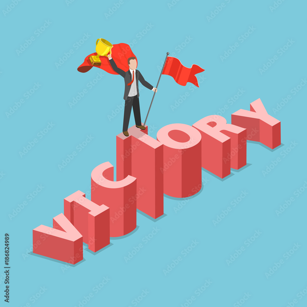 Victory flat isometric vector concept. Businessman dressed with ...