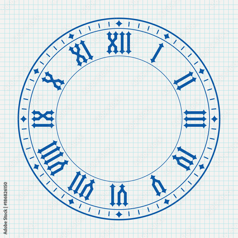 Ancient clock face with roman numerals. On lined paper background Stock ...