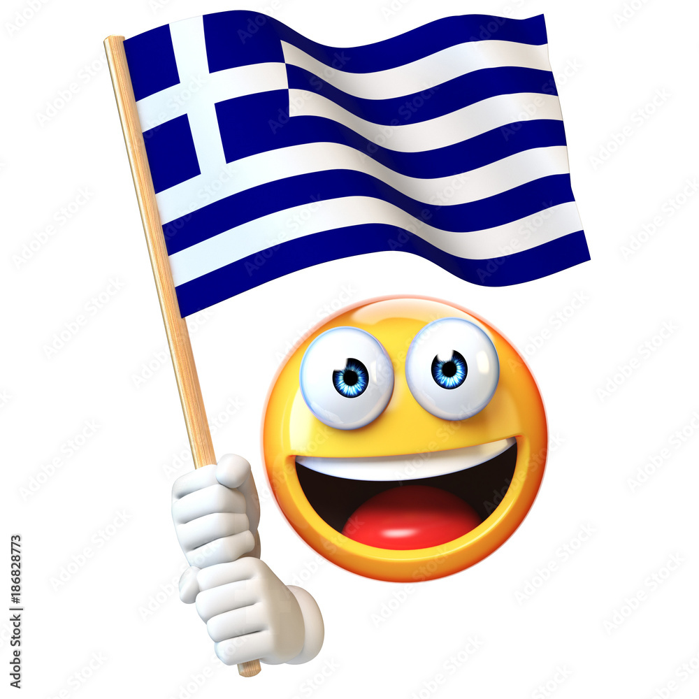 Emoji holding Greek flag, emoticon waving national flag of Greece 3d ...