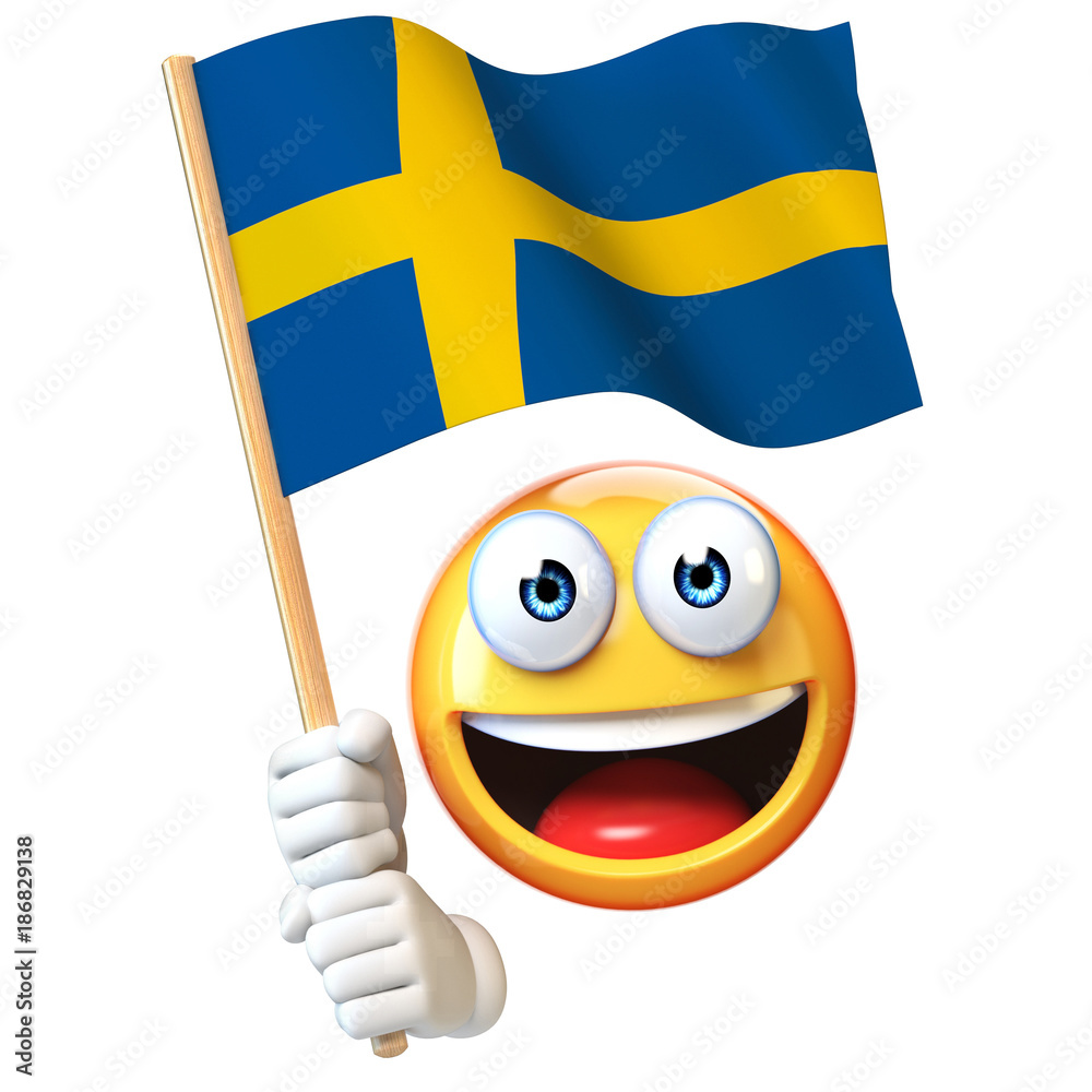 Emoji holding Swedish flag, emoticon waving national flag of Sweden 3d ...