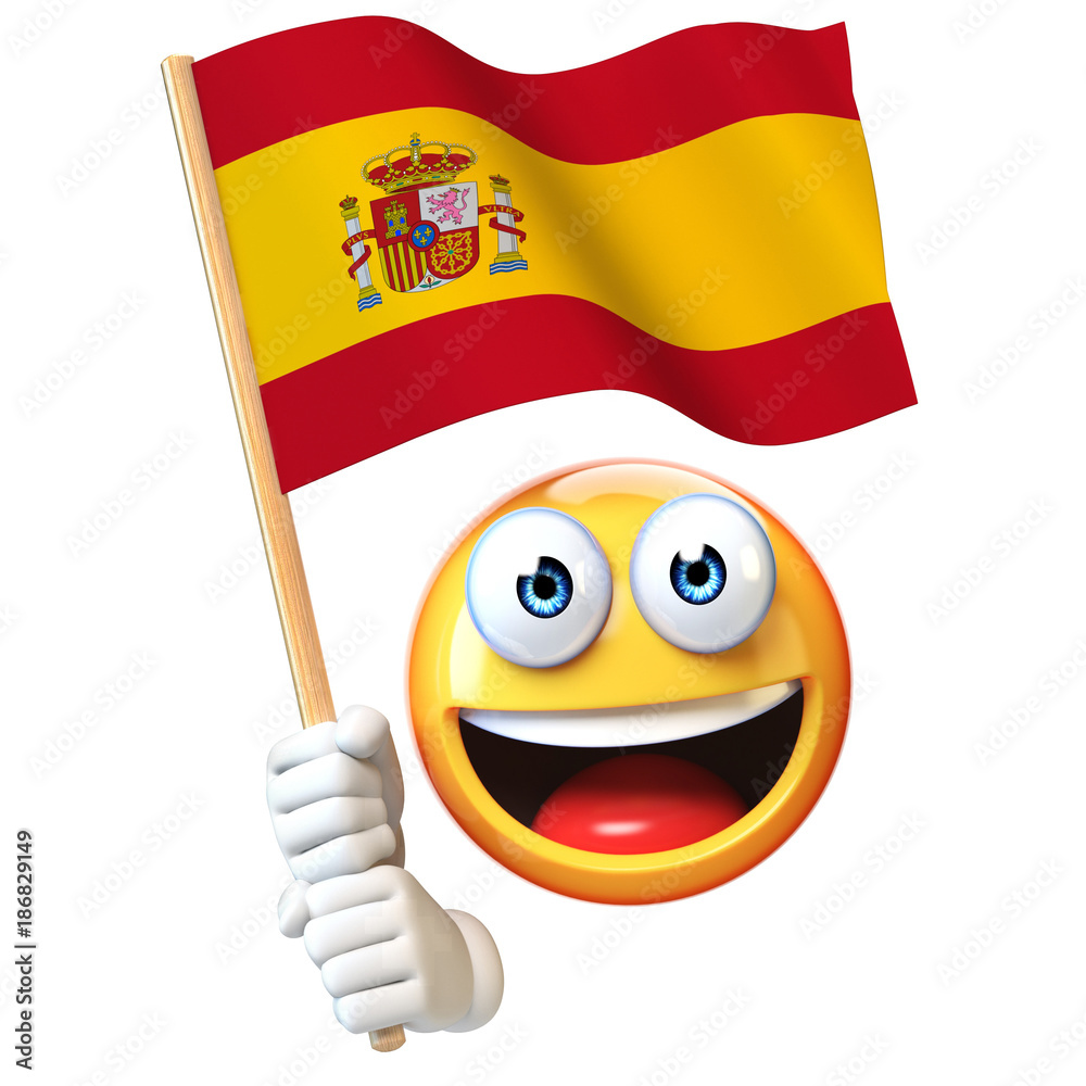 Emoji holding Spanish flag, emoticon waving national flag of Spain 3d ...