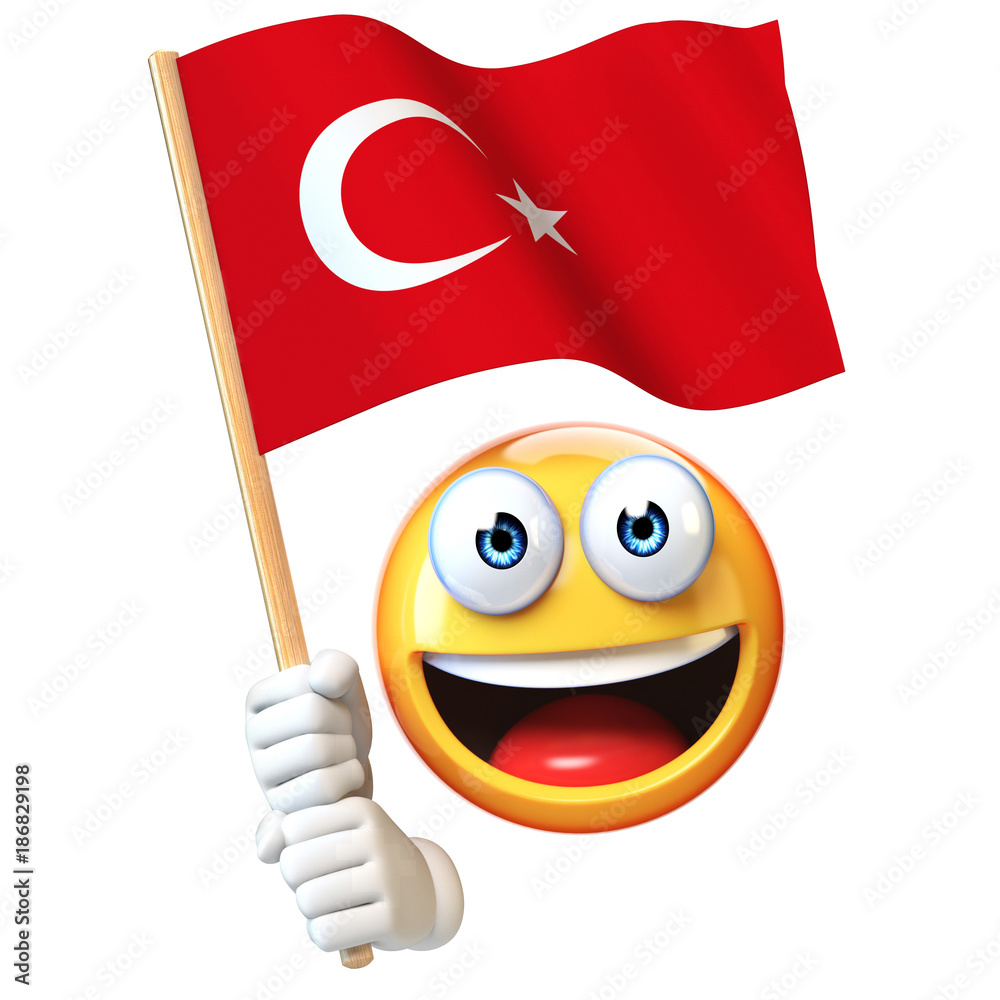Emoji holding Turkish flag, emoticon waving national flag of Turkey 3d ...