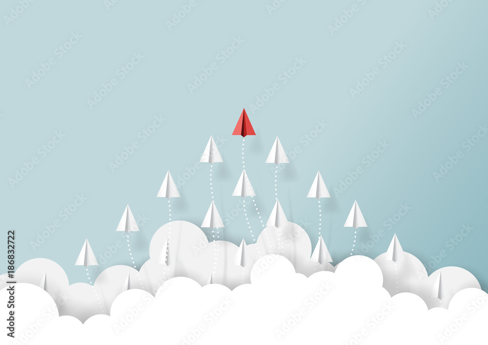 Paper airplanes flying from clouds on blue sky.Paper art style of ...