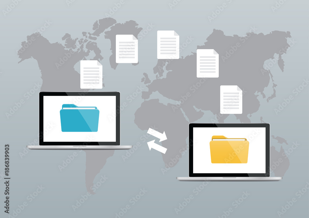 File transfer. Two laptops with folders on screen and transferred documents. Copy files, data ...
