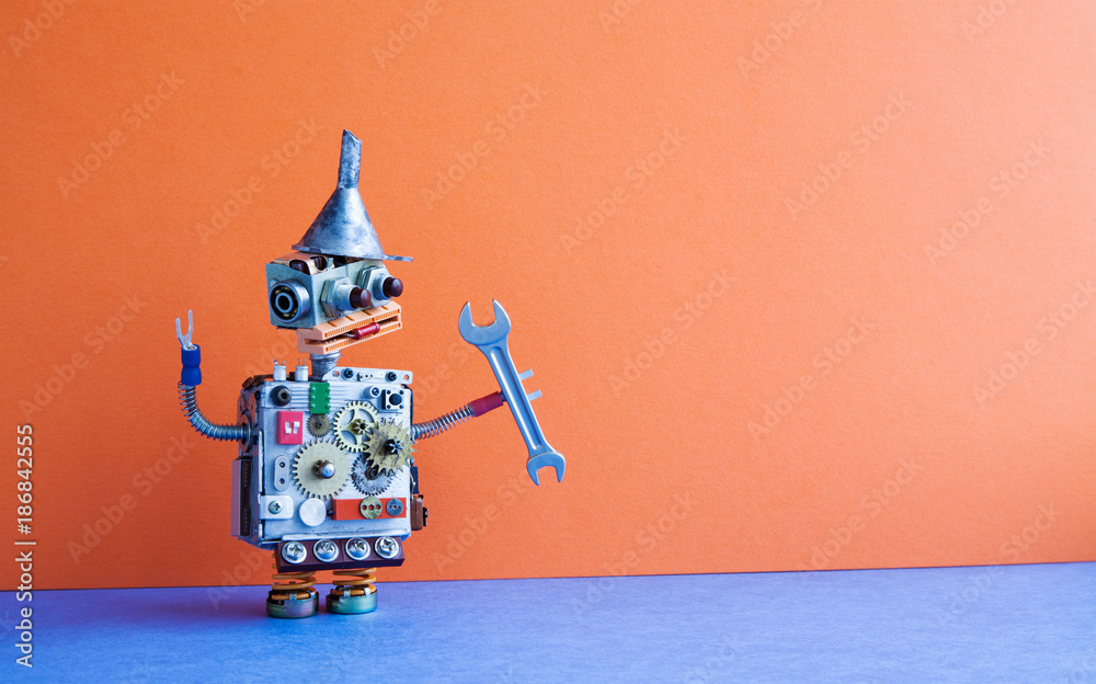 Robot handyman with hand wrench. Fixing maintenance concept. Creative ...