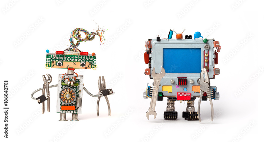 Robots friends ready for service repair. Funny robotic characters with ...