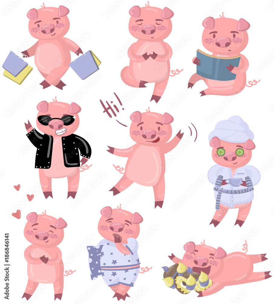 Funny pig characters set, piggy in different poses and situations ...