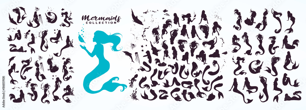 Set: ink sketch collection of mermaids and siren creator, isolated on ...