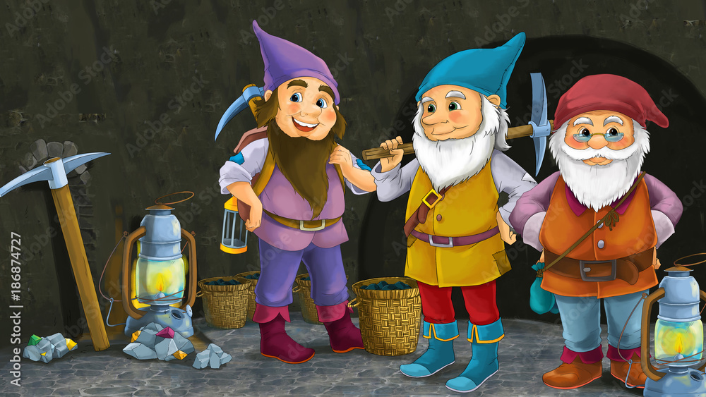 cartoon scene with happy dwarfs miners standing in the cave ...