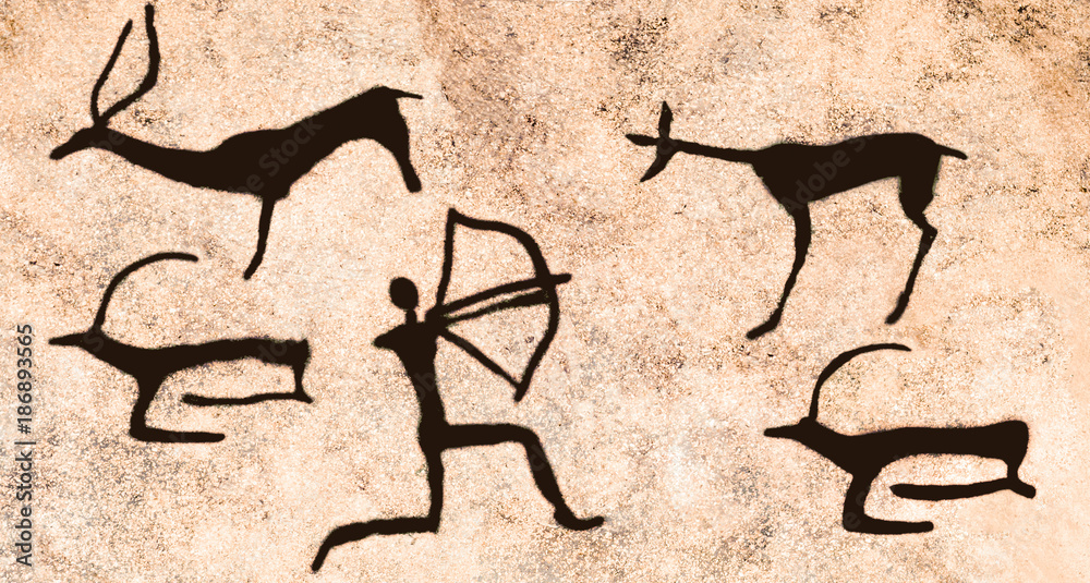 The scene of the ancient man's hunting in the cave. stone Age ...