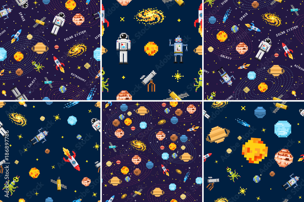 space seamless pattern set background, alien spaceman, robot rocket and ...