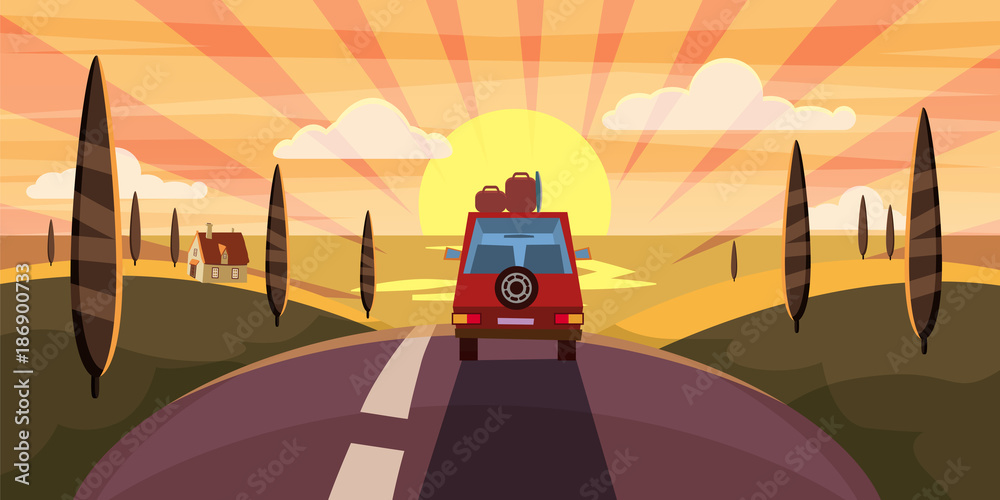 Highway travel summer, sunset, sea, road, car, cute landscape, cartoon ...