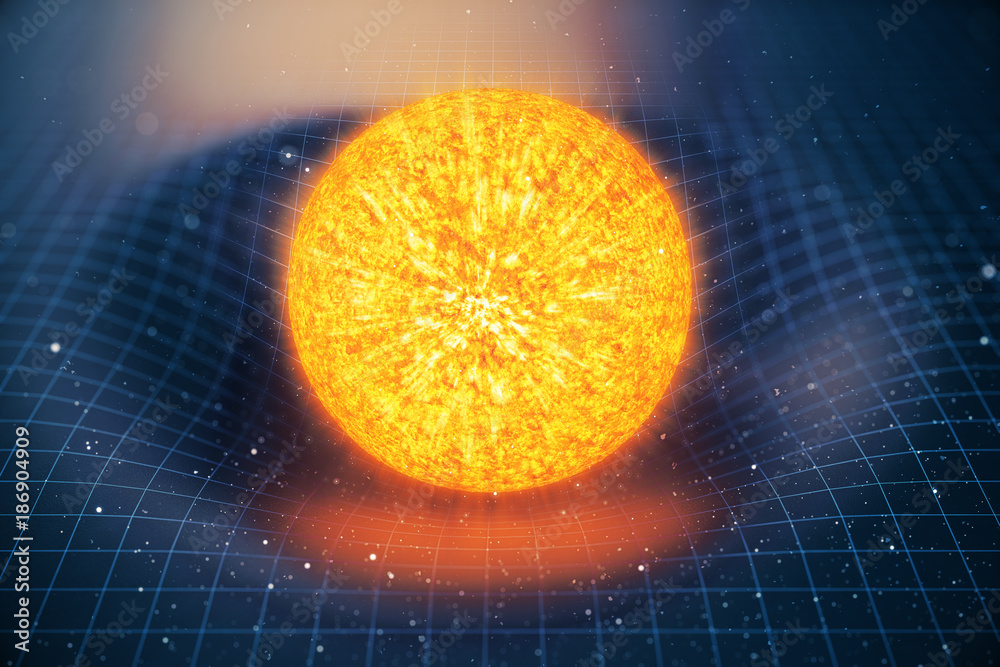 3D illustration Sun gravity bends space around it. With bokeh effect ...