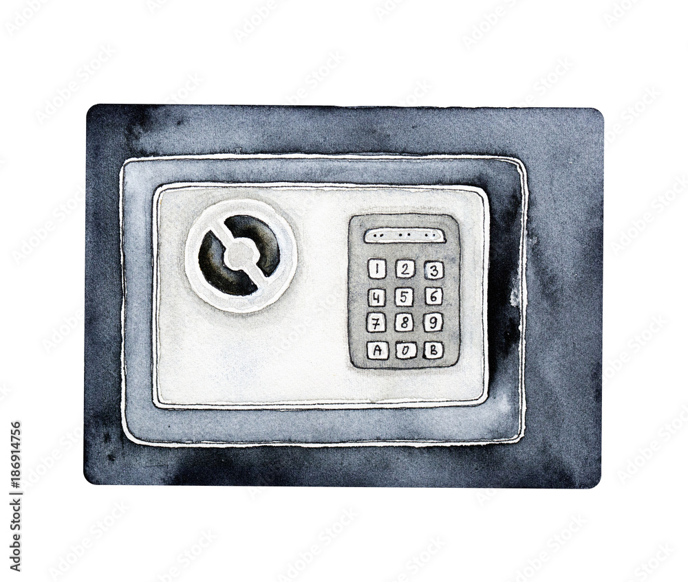Black metal safe, watercolour illustration. Typical electrical lock ...