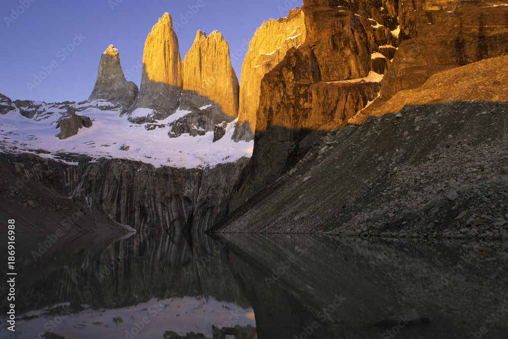 Sunrise, Bases del Torres, Torres del Paine National Park, Chile. Stock ...