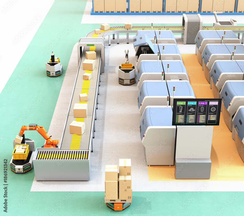 Smart factory with AGV, robot carrier, 3D printers and robotic picking ...
