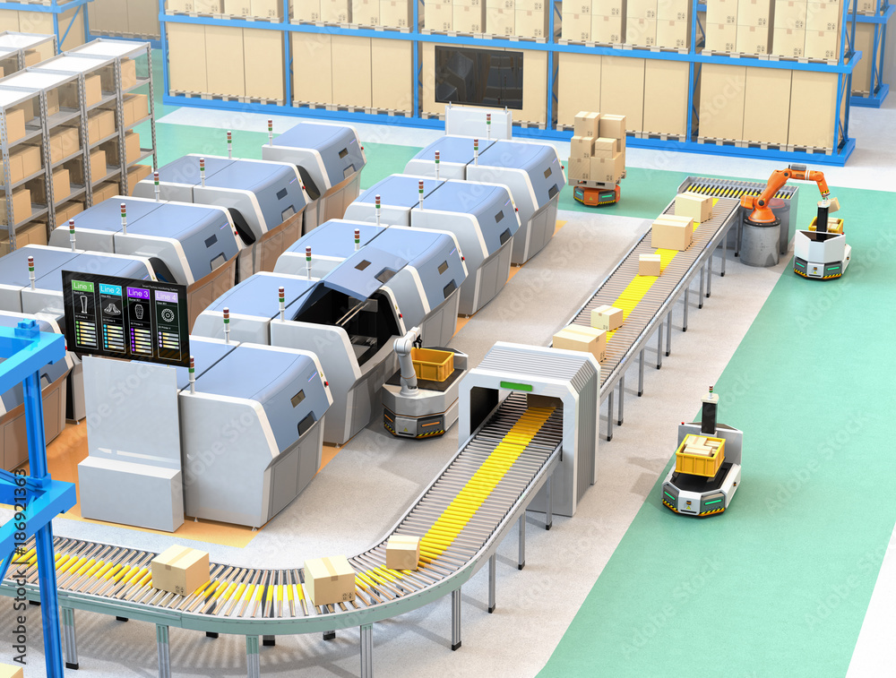 Smart factory equipped with AGV, robot carrier, 3D printers and robotic ...