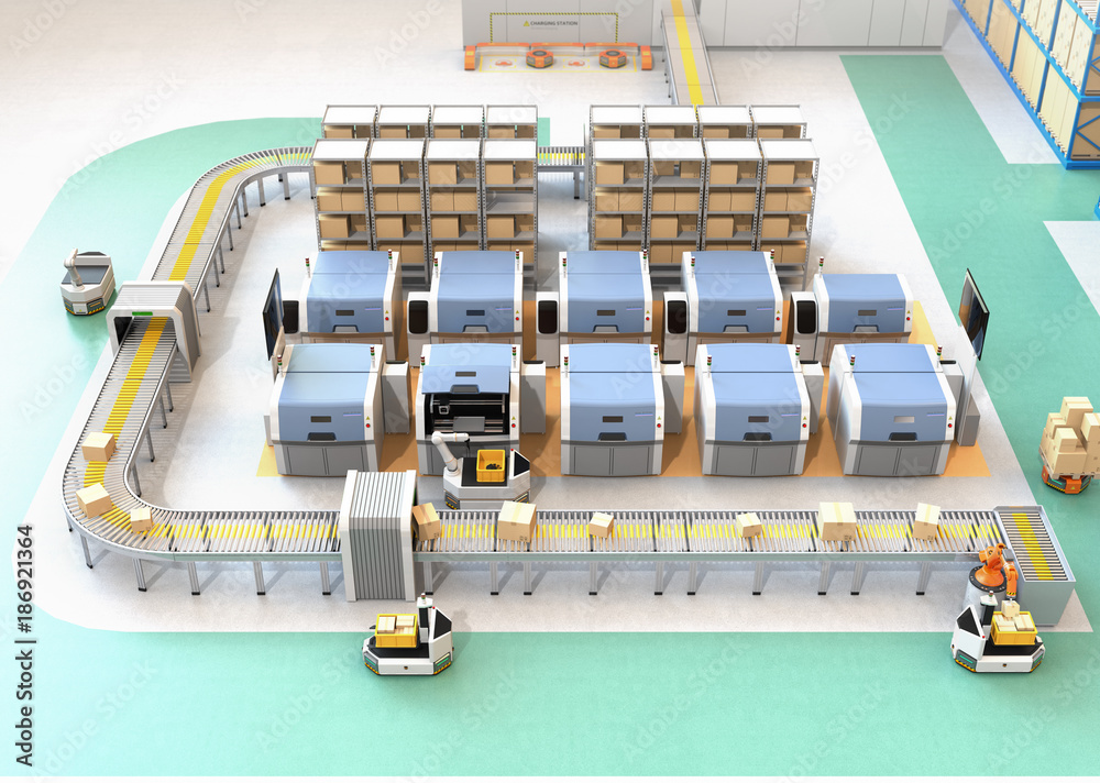 Smart factory equipped with AGV, robot carrier, 3D printers and robotic ...
