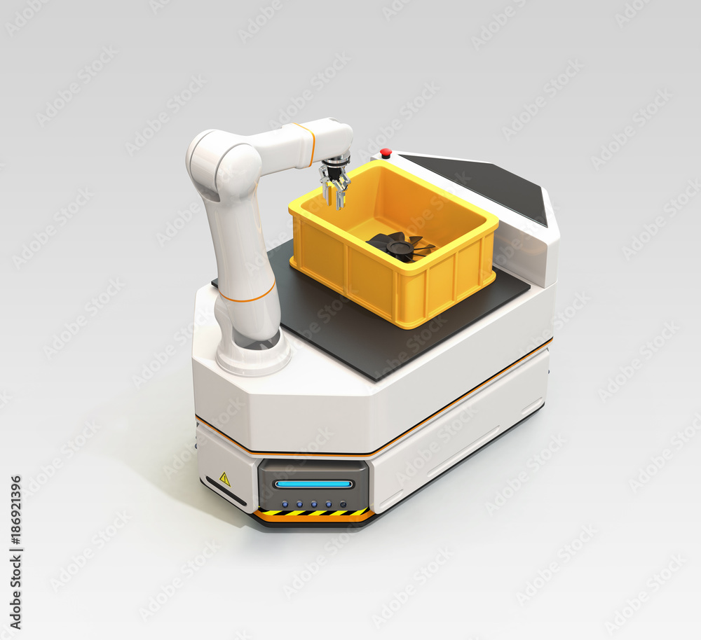 AGV (Automatic guided vehicle) with robotic arm isolated on gray ...