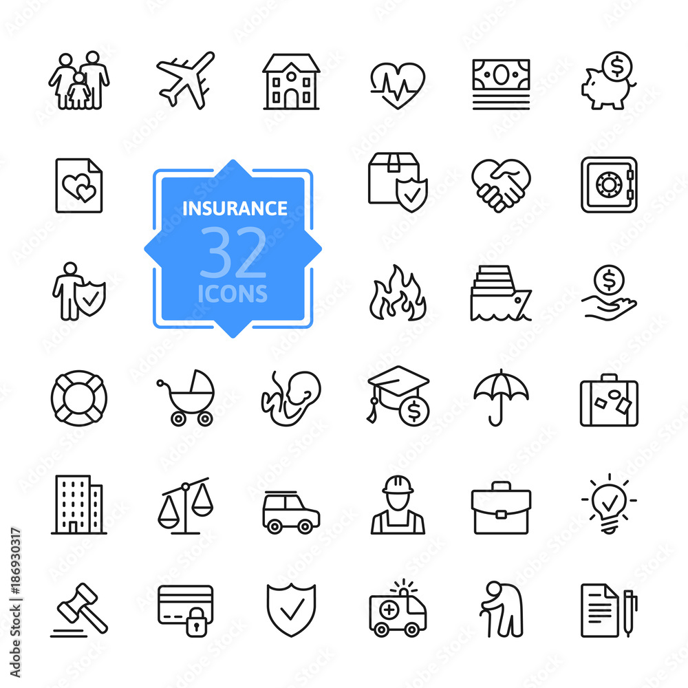 Insurance - outline icon set, vector, simple thin line icons collection ...