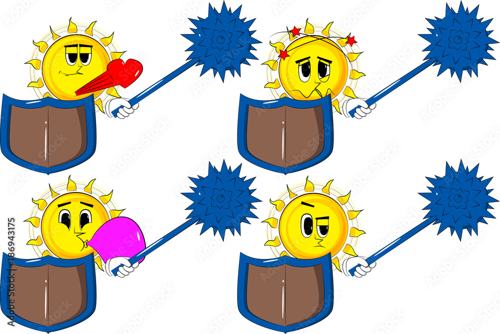 Cartoon knight sun holding a spiked mace and shield. Collection with ...