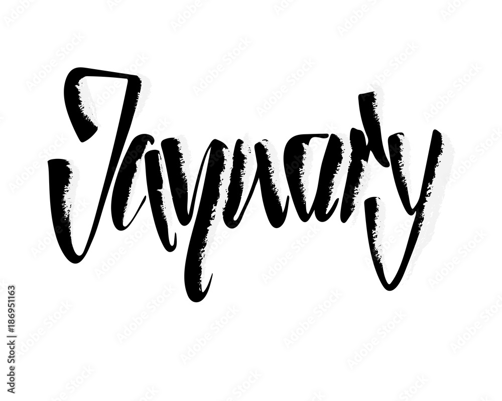 January month - hand lettering inscription to design, black and white ...