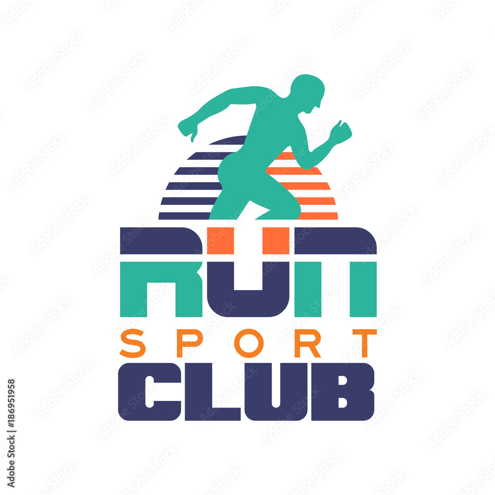 Run sport club logo template, emblem with abstract running man ...
