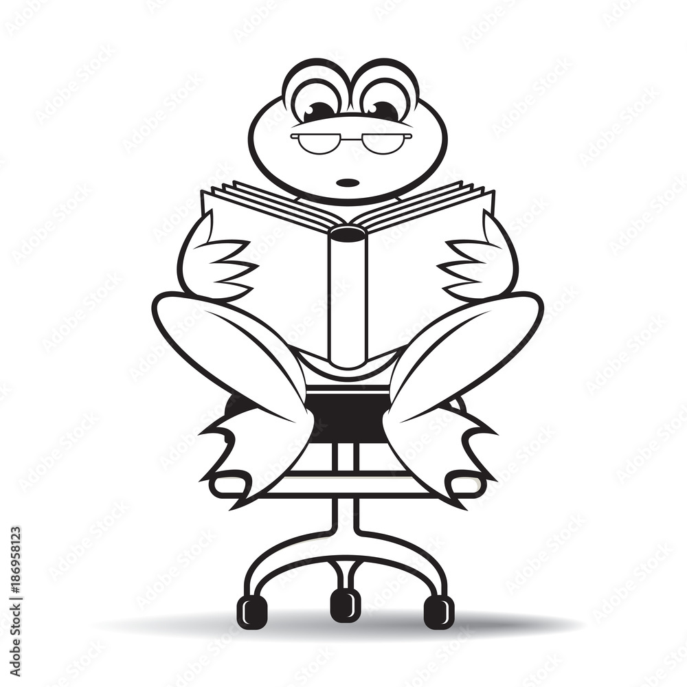 black outline frog vector cartoon or mascot reading book on office ...