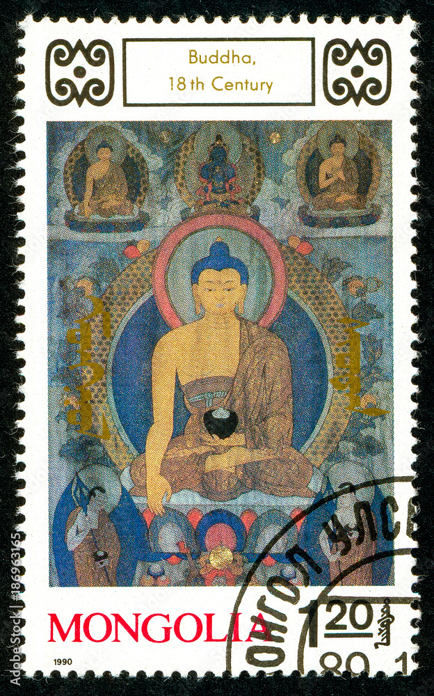Ukraine - circa 2018: A postage stamp printed in Mongolia shows drawing ...