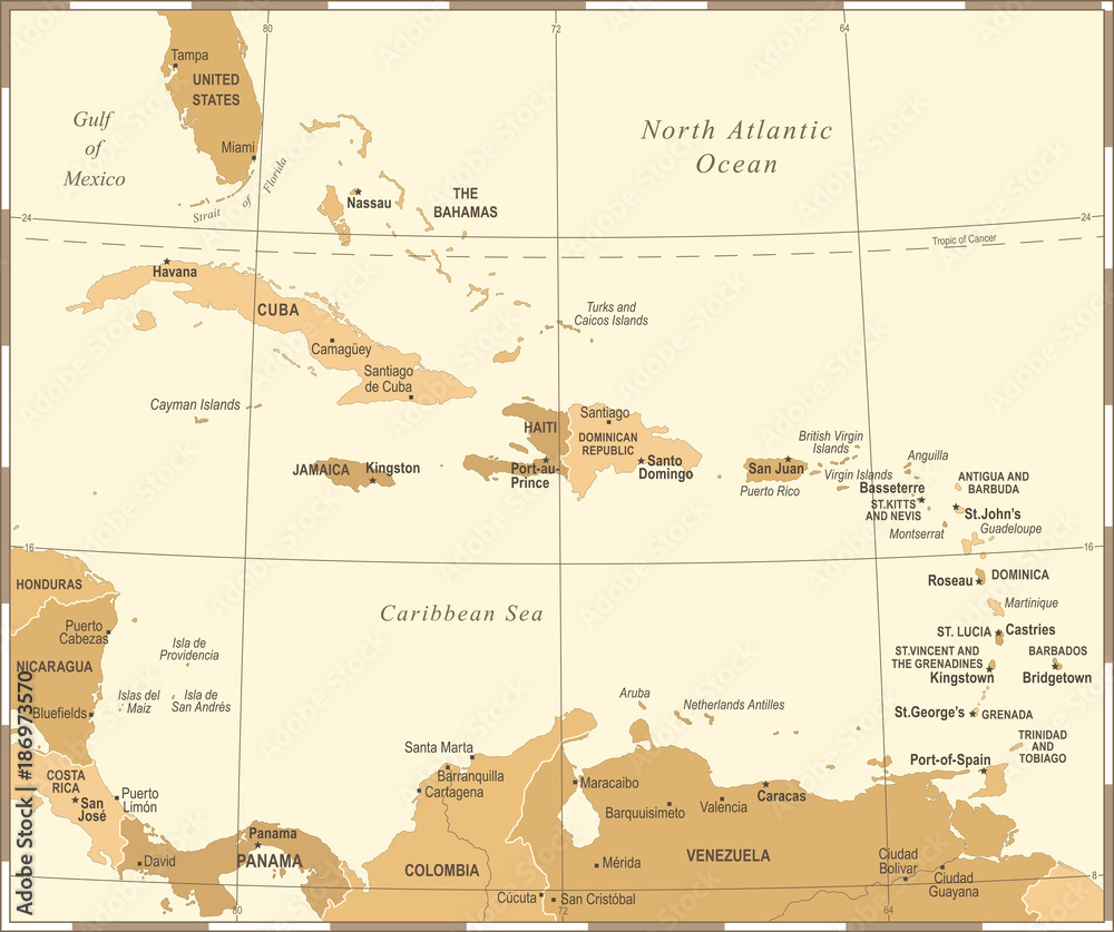 The Caribbean Map - Vintage Vector Illustration Stock Vector | Adobe Stock