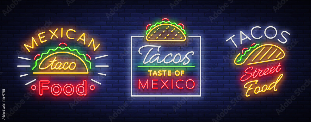 Tacos set of neon-style logos. Collection of neon signs, symbols ...