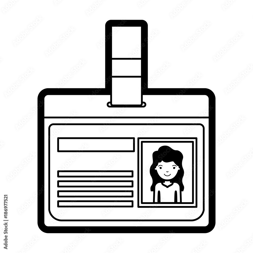 identification card with half body woman picture with long wavy hair in ...