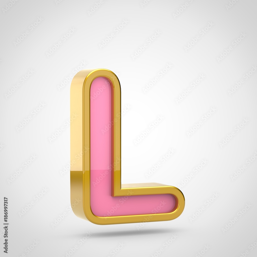 Pink letter L uppercase with golden outline isolated on white ...