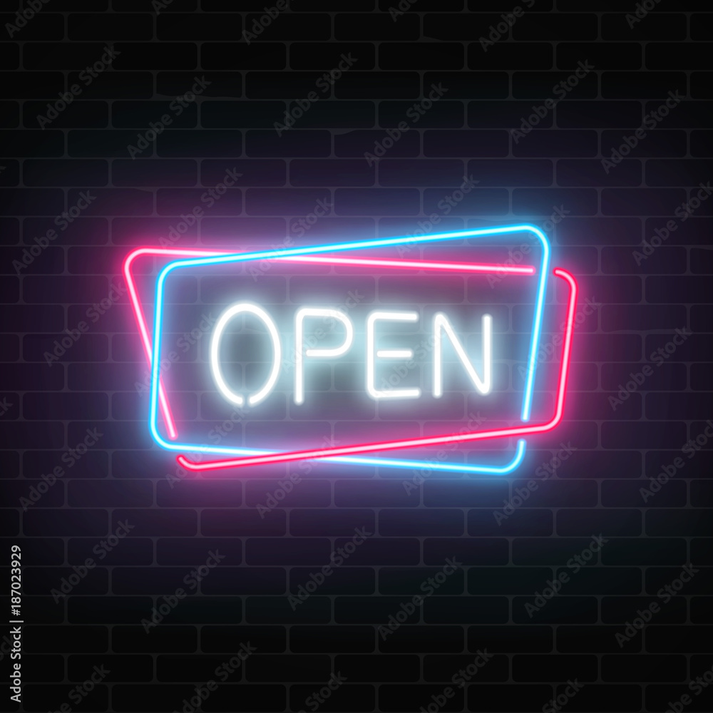 Neon open sign in geometric shapes on a brick wall background. Round ...